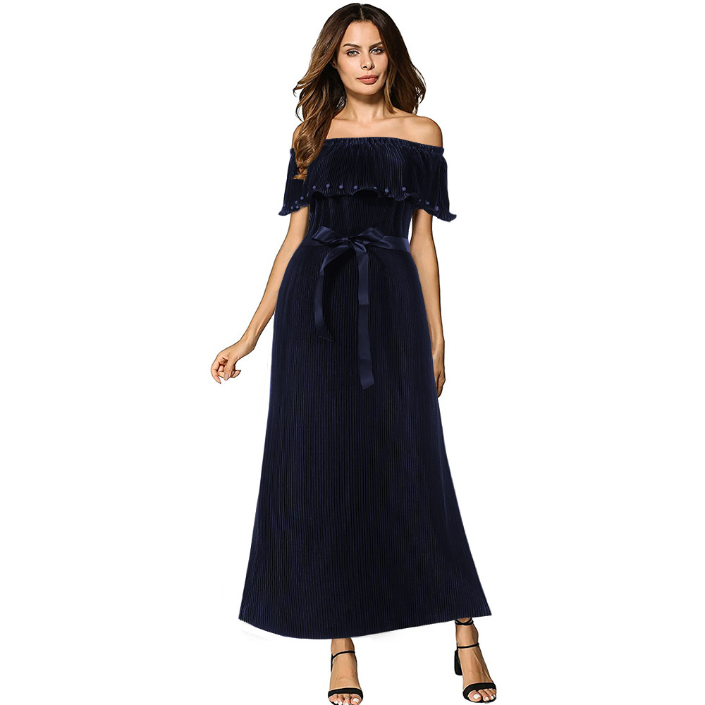 Off The Shoulder Pleated Maxi Dress Boho Summer Belted Women Long Prom ...